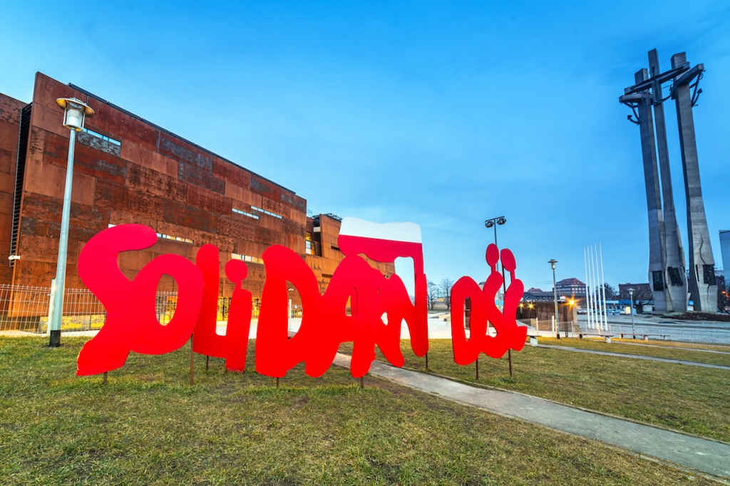 GDANSK, POLAND - FEBRUARY 21, 2015: Solidarnosc sign under European ...